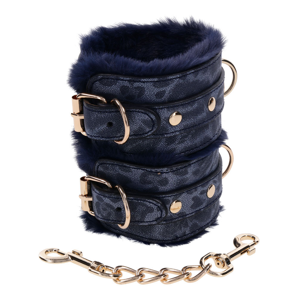 Sex & Mischief Cougar Fur Handcuffs - Navy Blue/Gold Furry Restraints ...